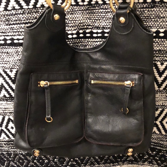 Linea Pelle | Bags | Linea Pelle Black Purse Tote Gold Zippers Brass ...